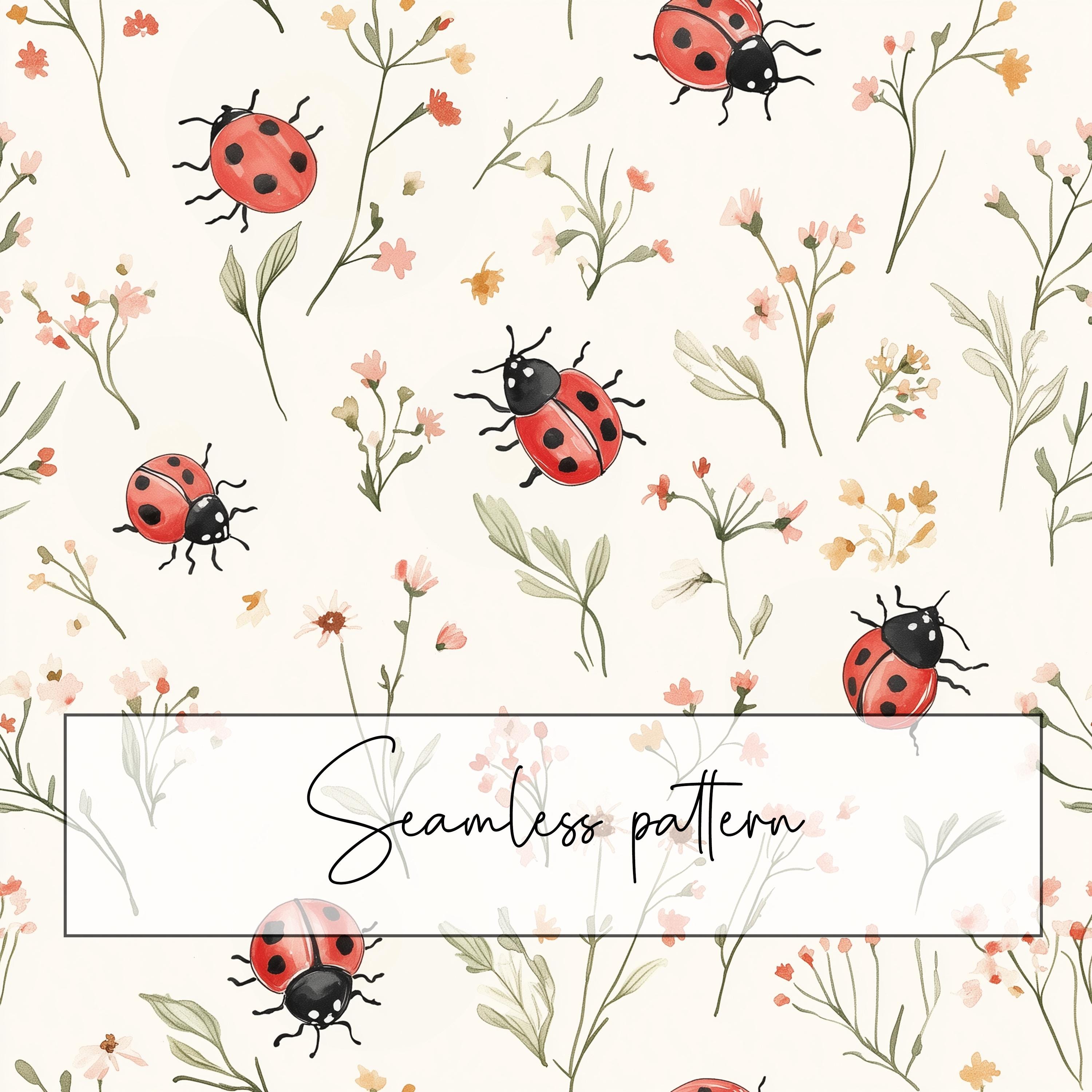 Cute Ladybug Seamless Pattern, Ladybird Beige Ditsy Pastel Floral ...
