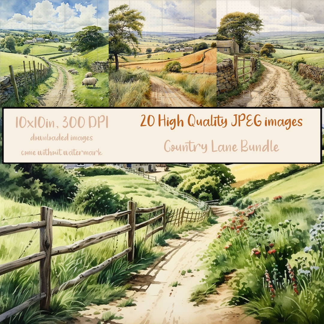 Country Lane Bundle of 20 JPG Images, Watercolour, Countryside Road ...