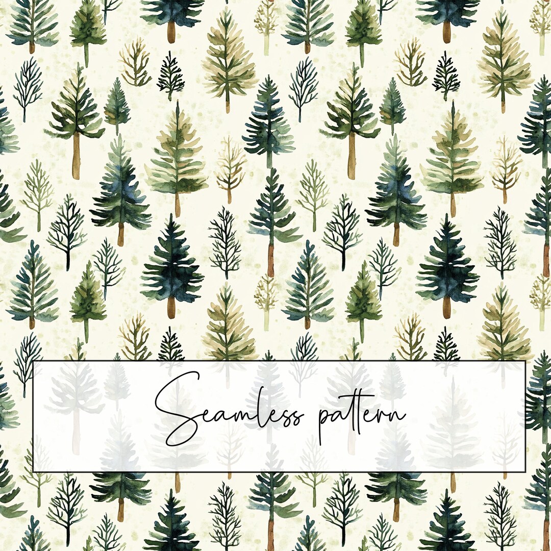 Watercolor Pine Tree Pattern, Beige and Green Forest Trees Repeat ...