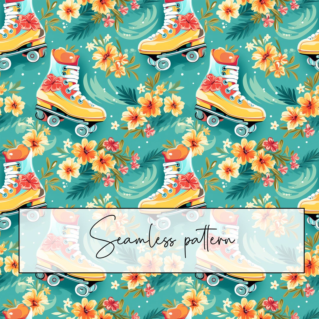 Bright Floral Roller Skates Seamless Pattern, Retro Groovy Repeat ...