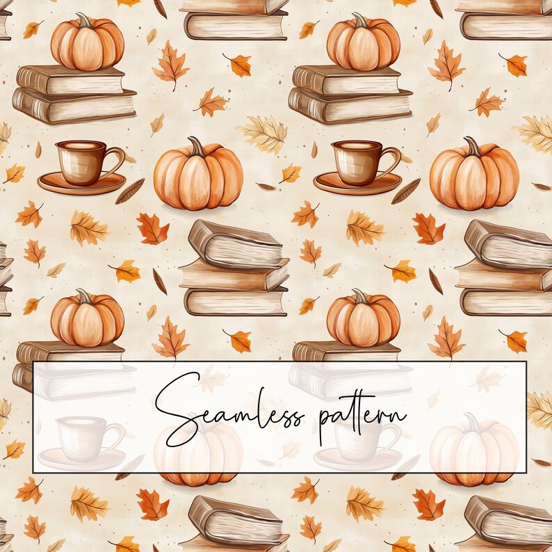 Pumpkins Books and Coffee Fall Seamless Pattern, Neutral Beige ...
