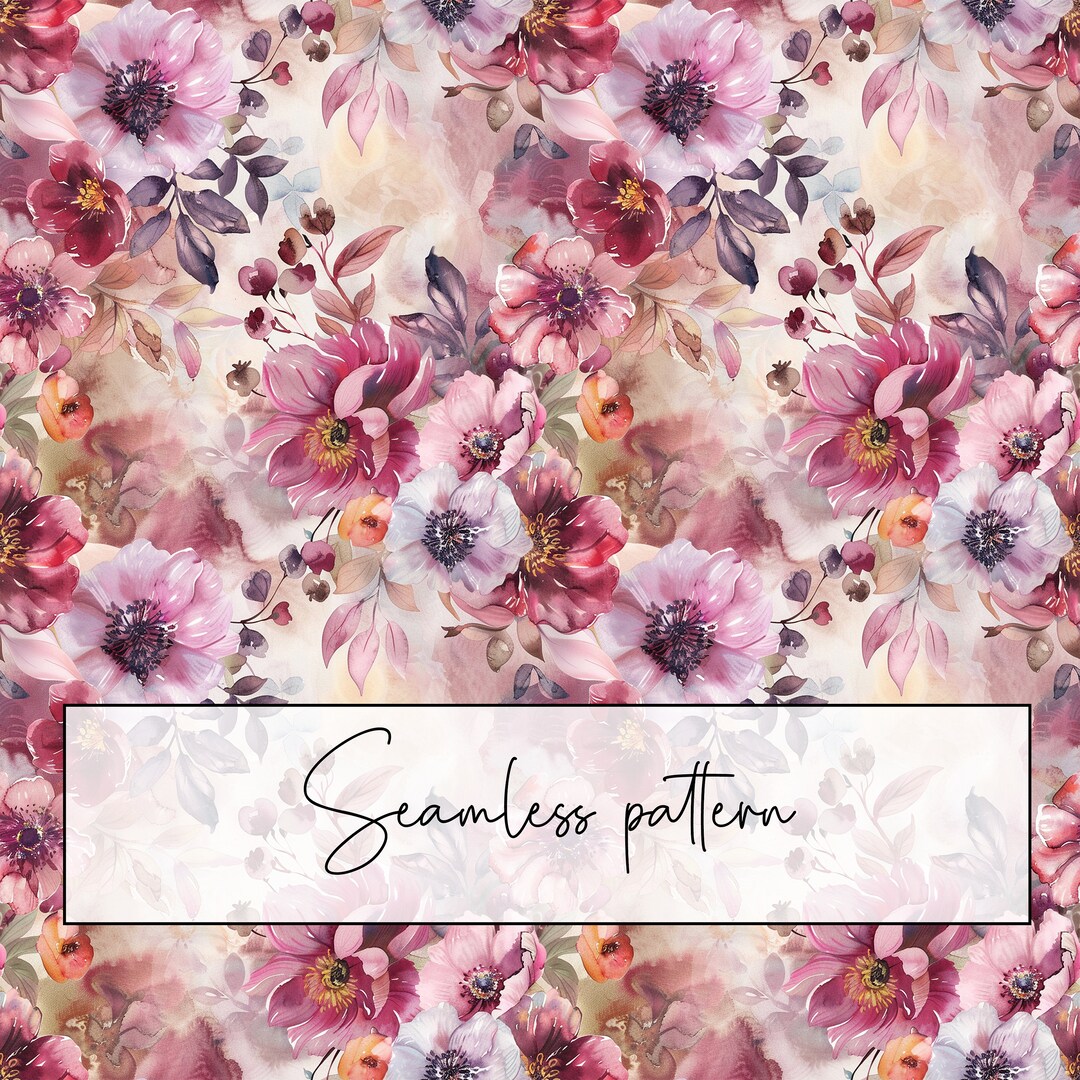 Watercolor Fall Maroon Flowers Seamless Pattern, Autumn Floral Repeat ...