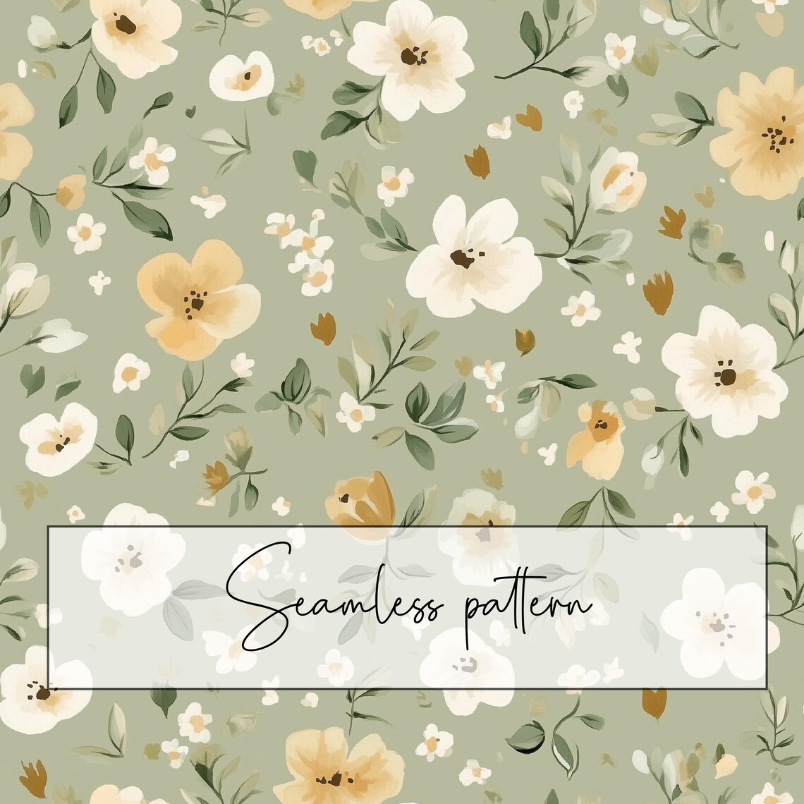 Seamless Sage Green Floral Pattern With Neutral Beige off White Flowers ...