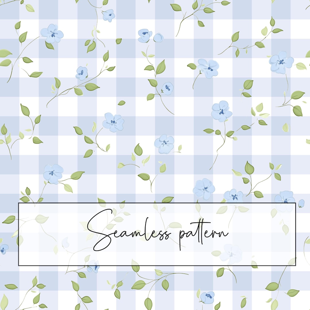 Light Blue Gingham Ditsy Flowers Seamless Pattern, Pastel Blue Floral ...