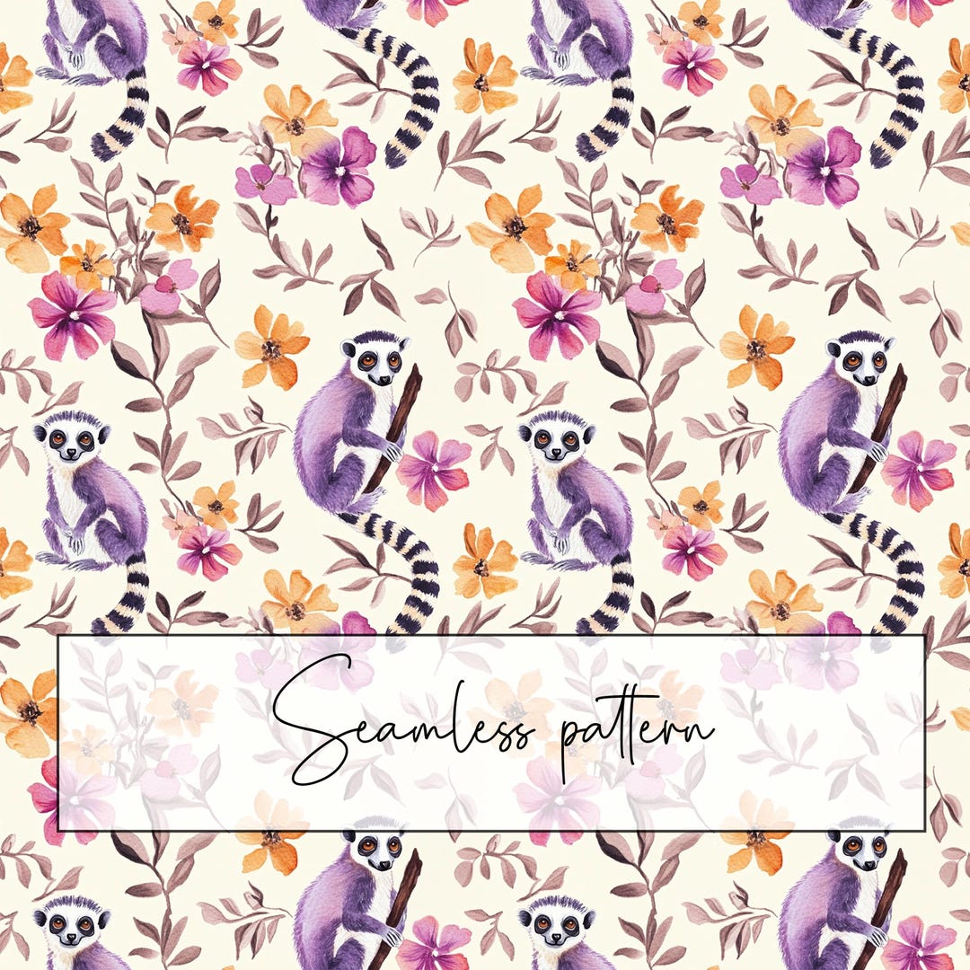 Cute Floral Lemur Seamless Pattern, Watercolor Lemurs With Pink Orange ...