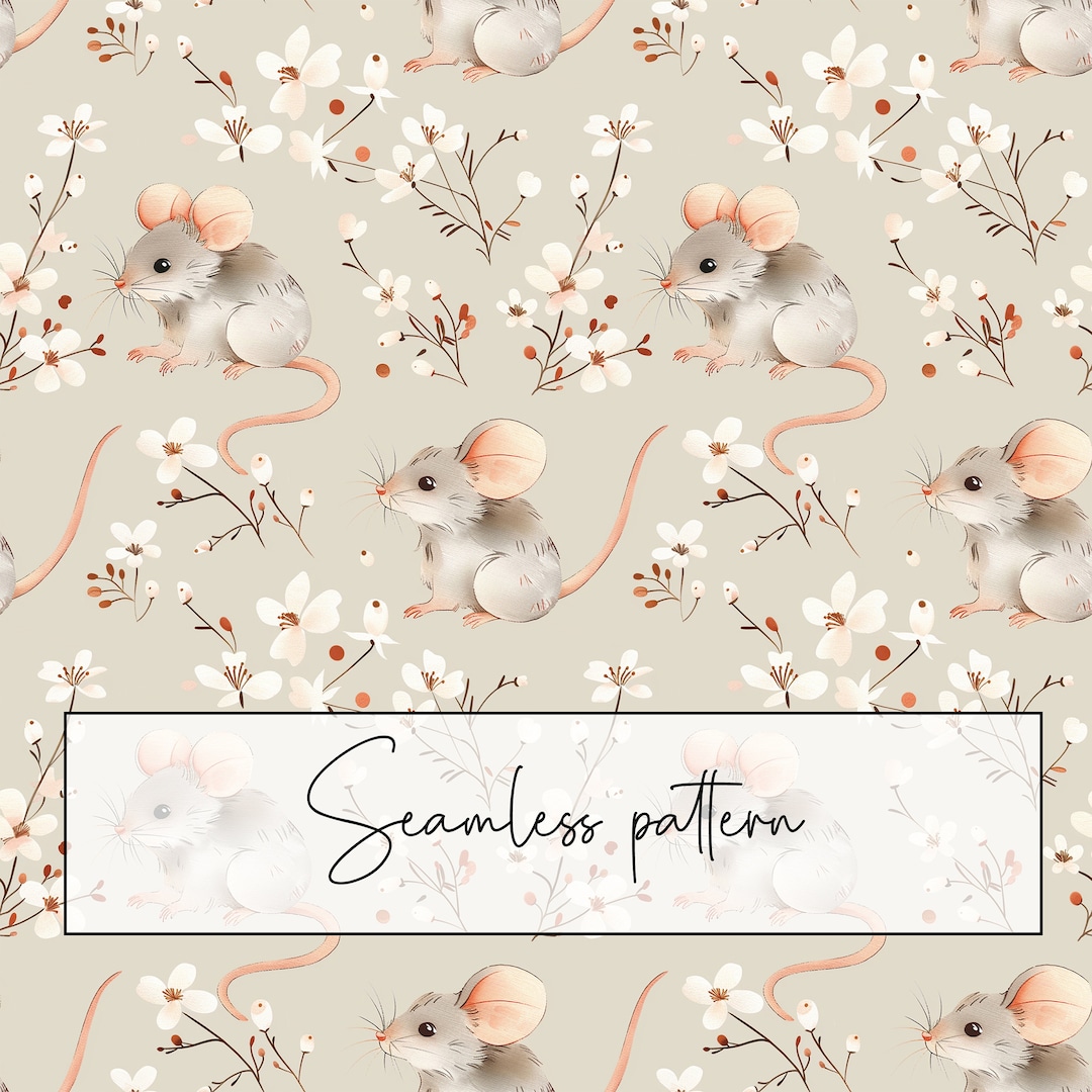 Watercolor Cute Gray Mice Floral Seamless Pattern, Mouse Animal Beige ...