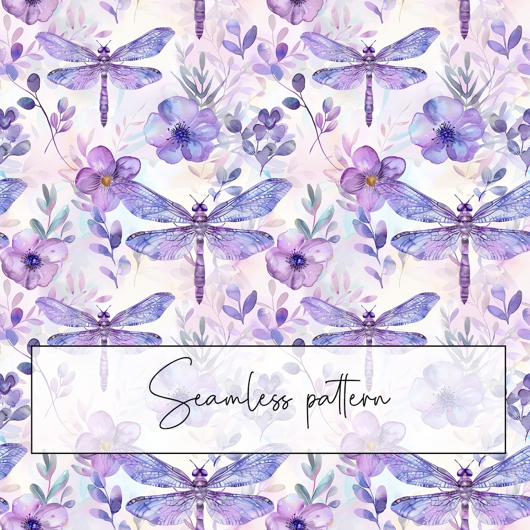 Dragonfly With Purple Flowers Seamless Pattern, Floral Dragonfly Repeat ...