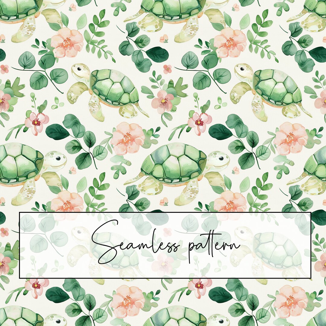 Cute Turtle and Flower Seamless Pattern, Green Turtle Repeat Pattern ...