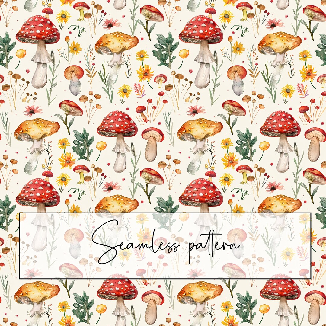 Mushroom and Flowers Seamless Pattern, Yellow Red Toad Mushroom ...