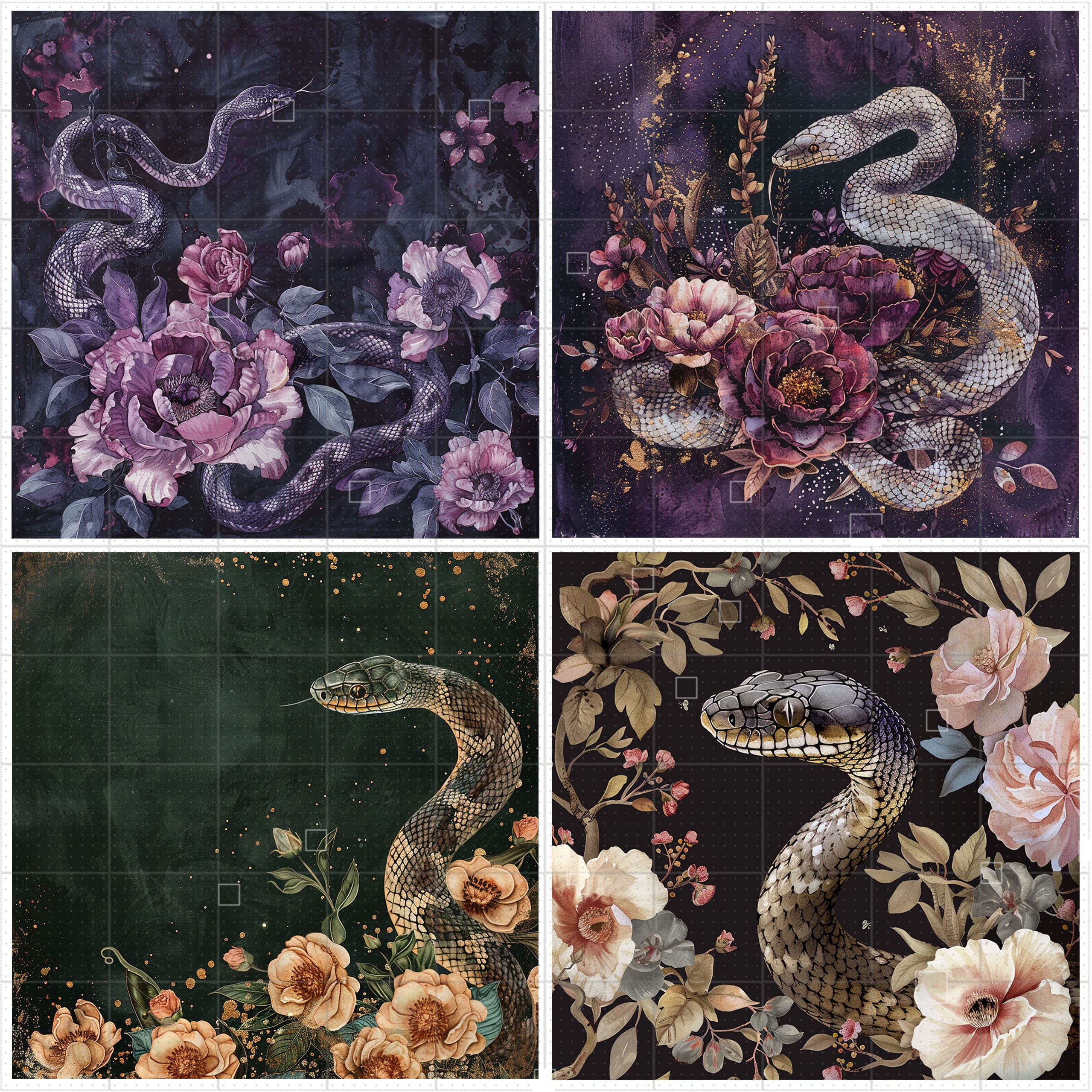 Dark Floral Snake Bundle of 16 JPG Images, Watercolor Snake With ...
