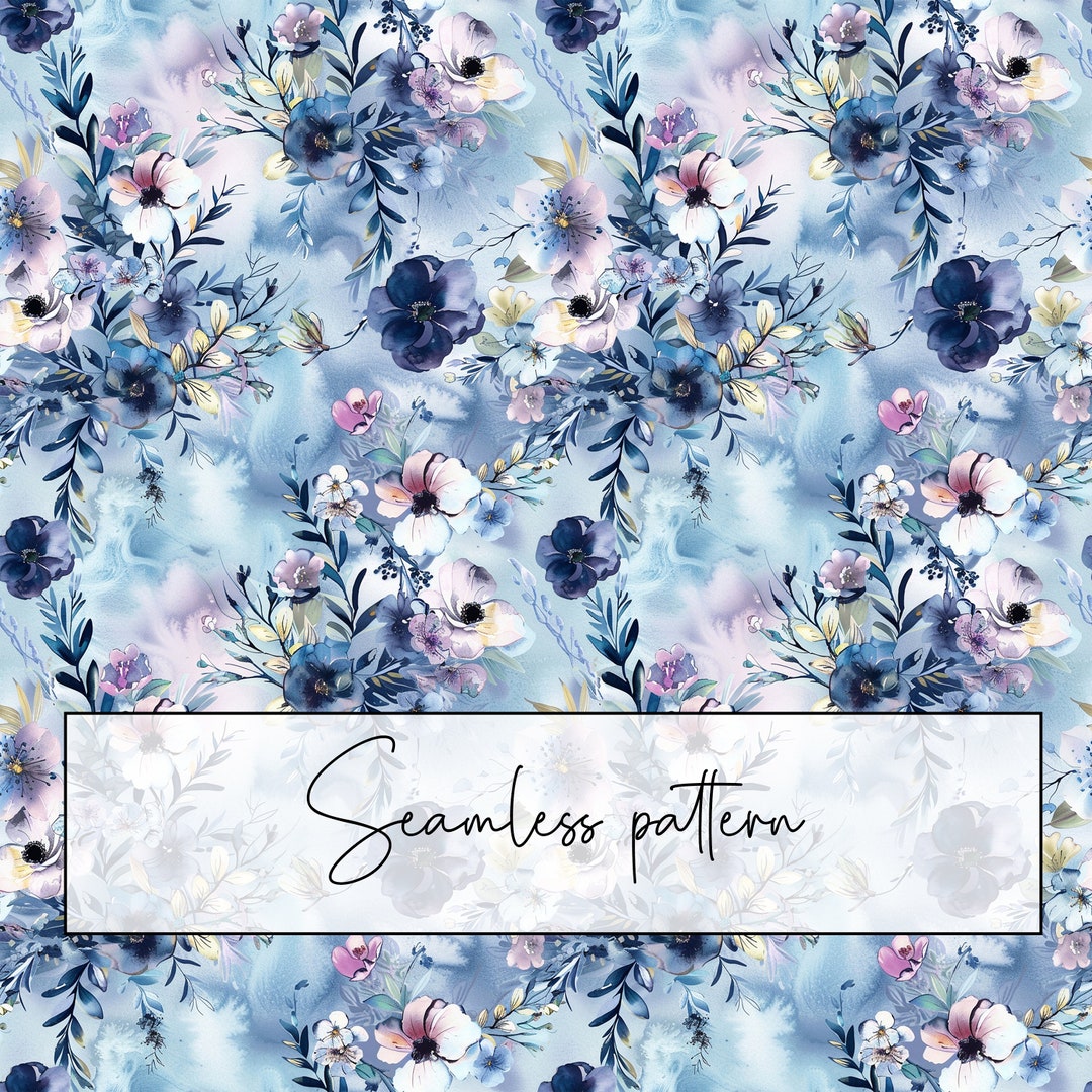 Watercolor Winter Blue Flowers Seamless Pattern, Icy Blue Navy Floral ...