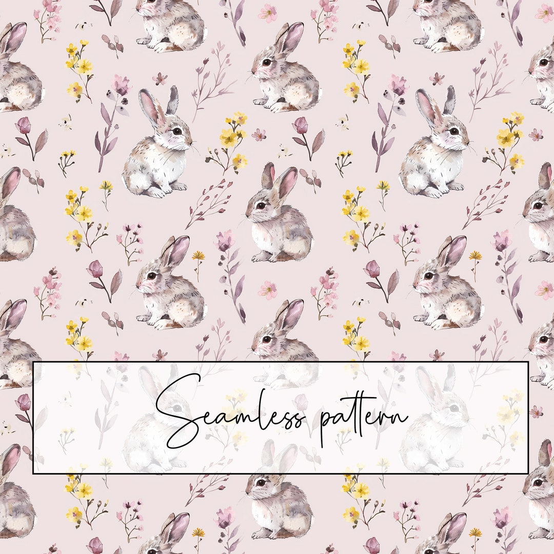 Watercolor Spring Rabbit With Flowers Pink Seamless Pattern, Ditsy ...