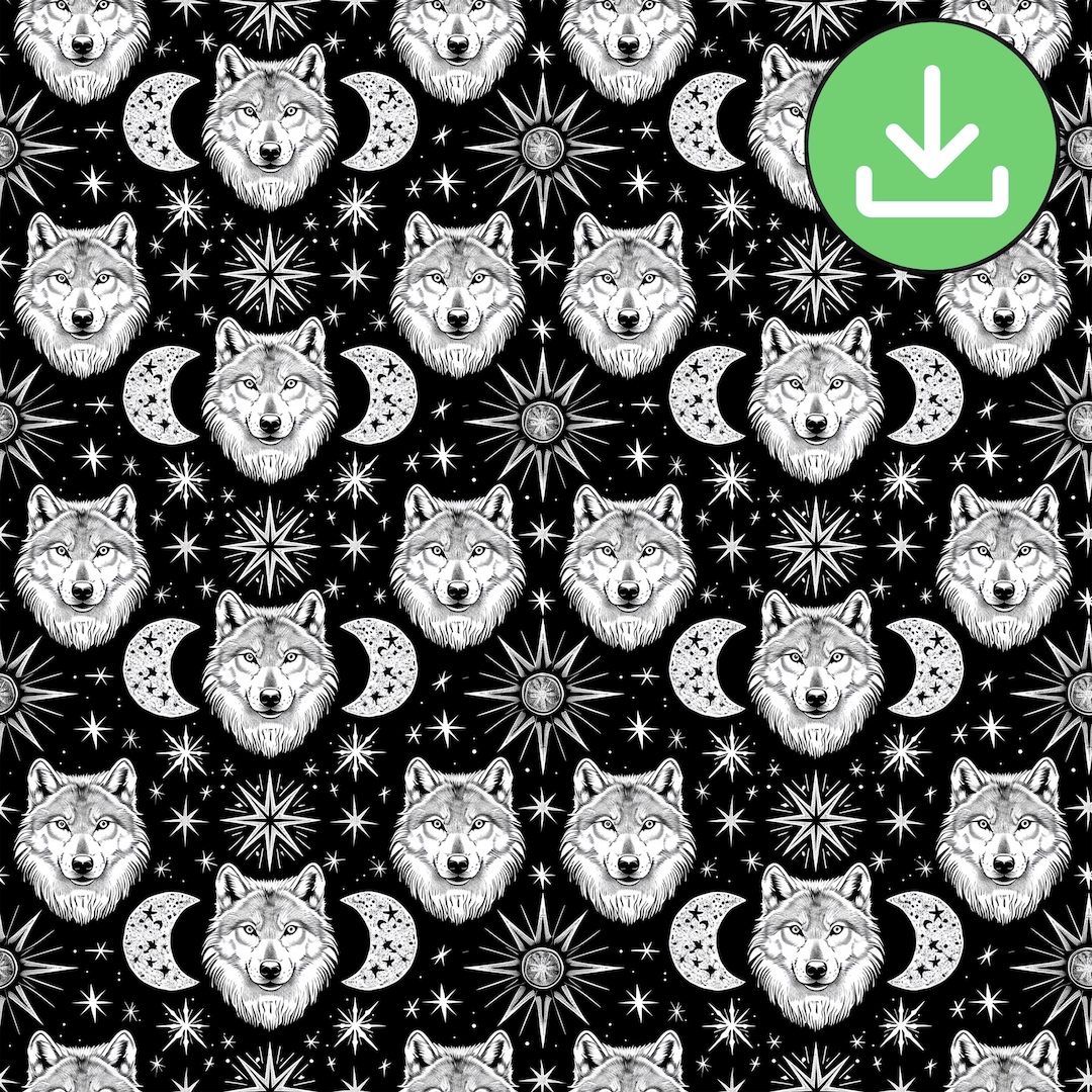 Celestial Wolf Seamless Pattern, Dark Stars Moon Wolf Repeat Pattern ...
