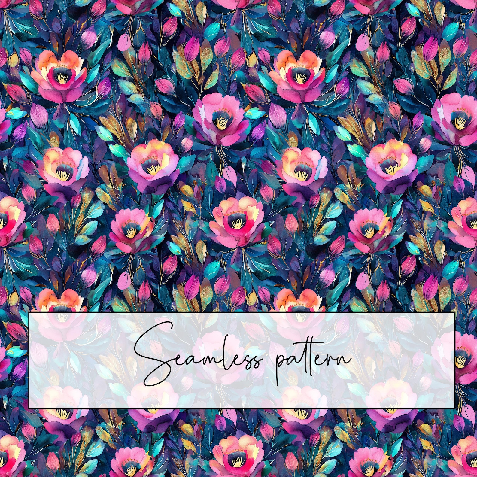 Rich Teal Pink Floral Seamless Pattern, Fuchsia Floral Repeat Pattern ...