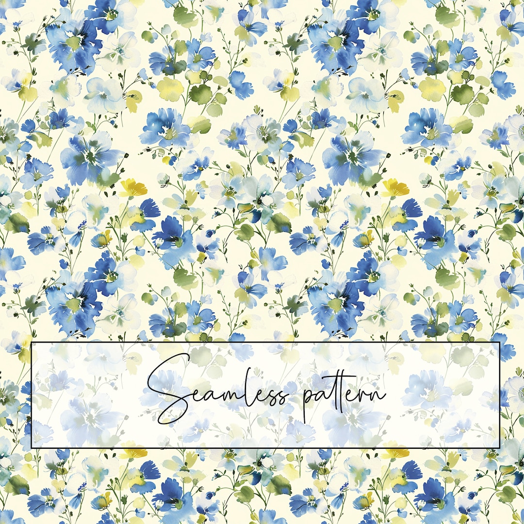 Watercolor Blue Green White Floral Seamless Pattern, Ditsy Flower ...