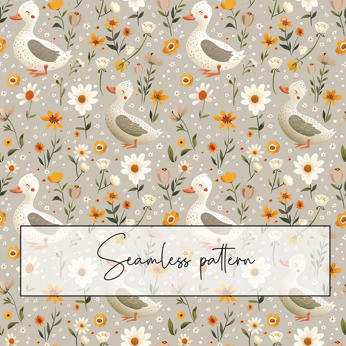 Cartoon Floral Duck Seamless Pattern, Neutral Cute Duck Repeat Pattern ...