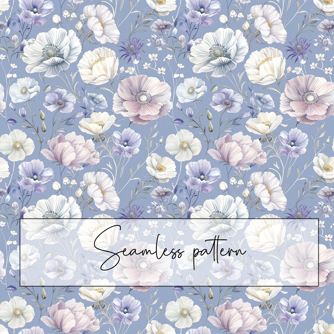Light Cool Color Flowers Seamless Pattern, Delicate Pale Blue White ...