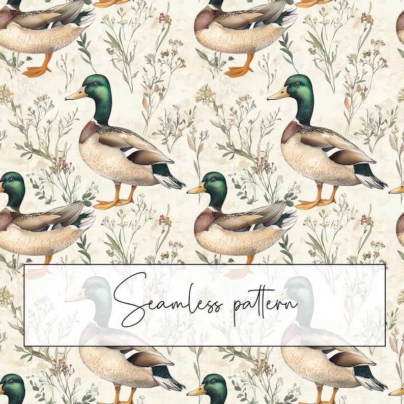 Mallard Duck Seamless Pattern, Green Head Duck Floral Beige Repeat ...