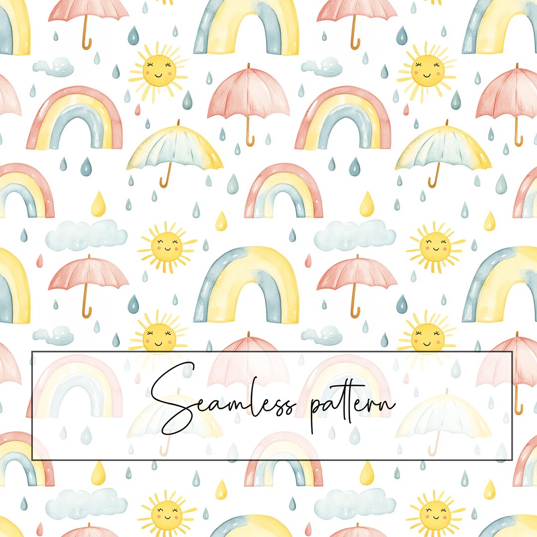 Pastel Rainbow Seamless Pattern, Light Rainbow Umbrella Sun Clouds ...