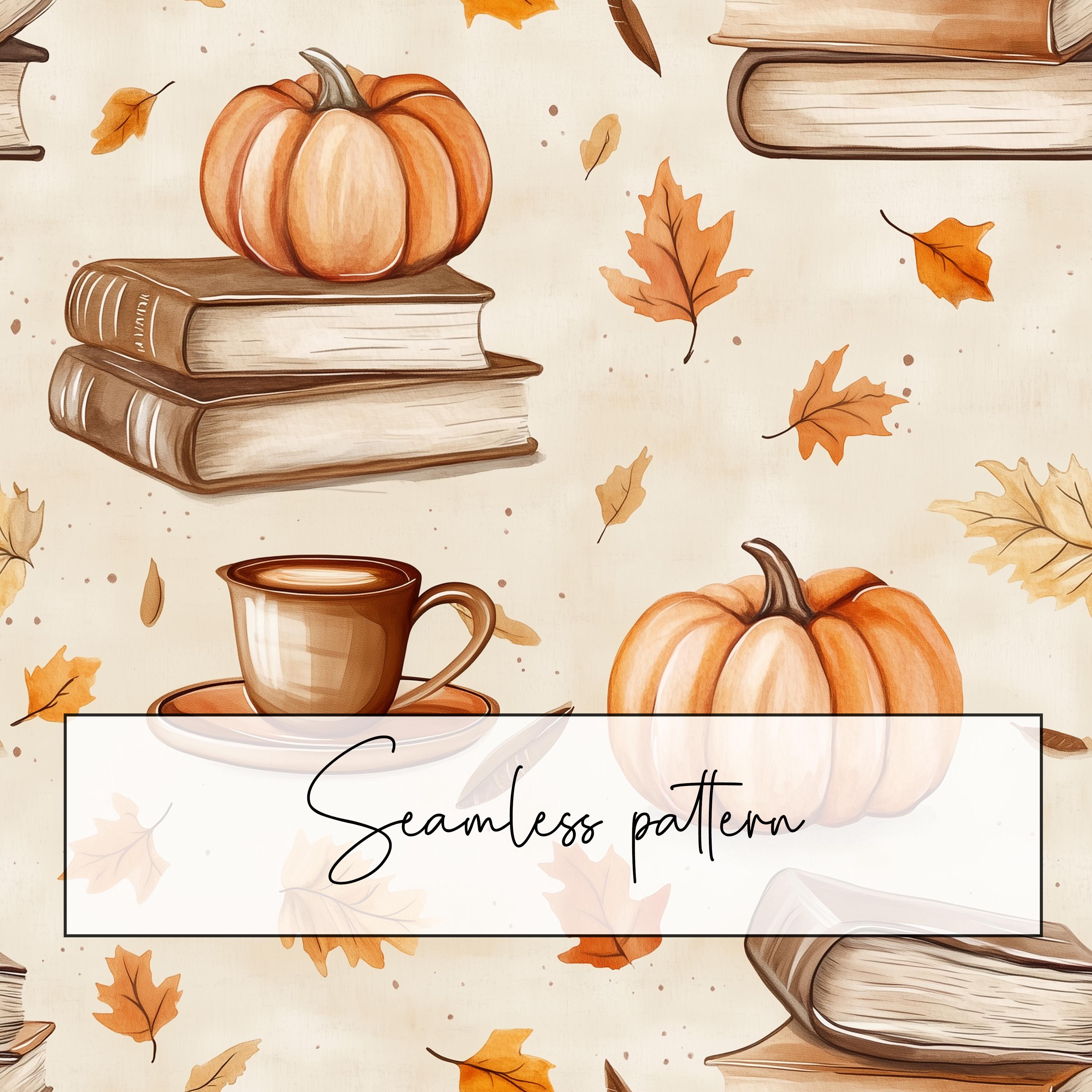 Pumpkins Books and Coffee Fall Seamless Pattern, Neutral Beige ...