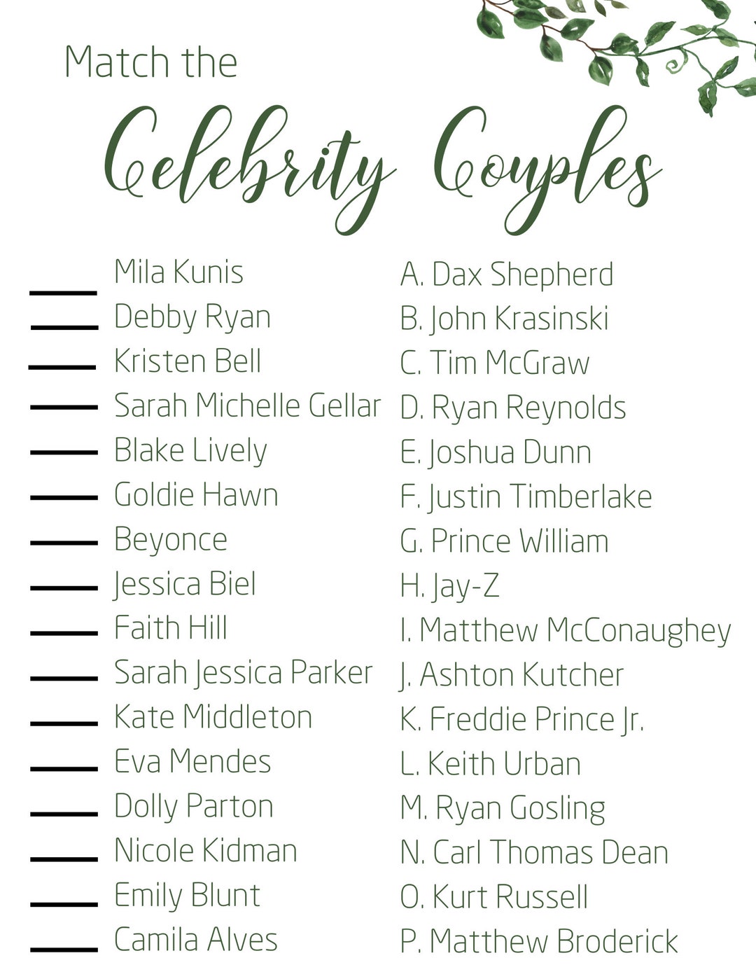 Celebrity Couple Game - Etsy