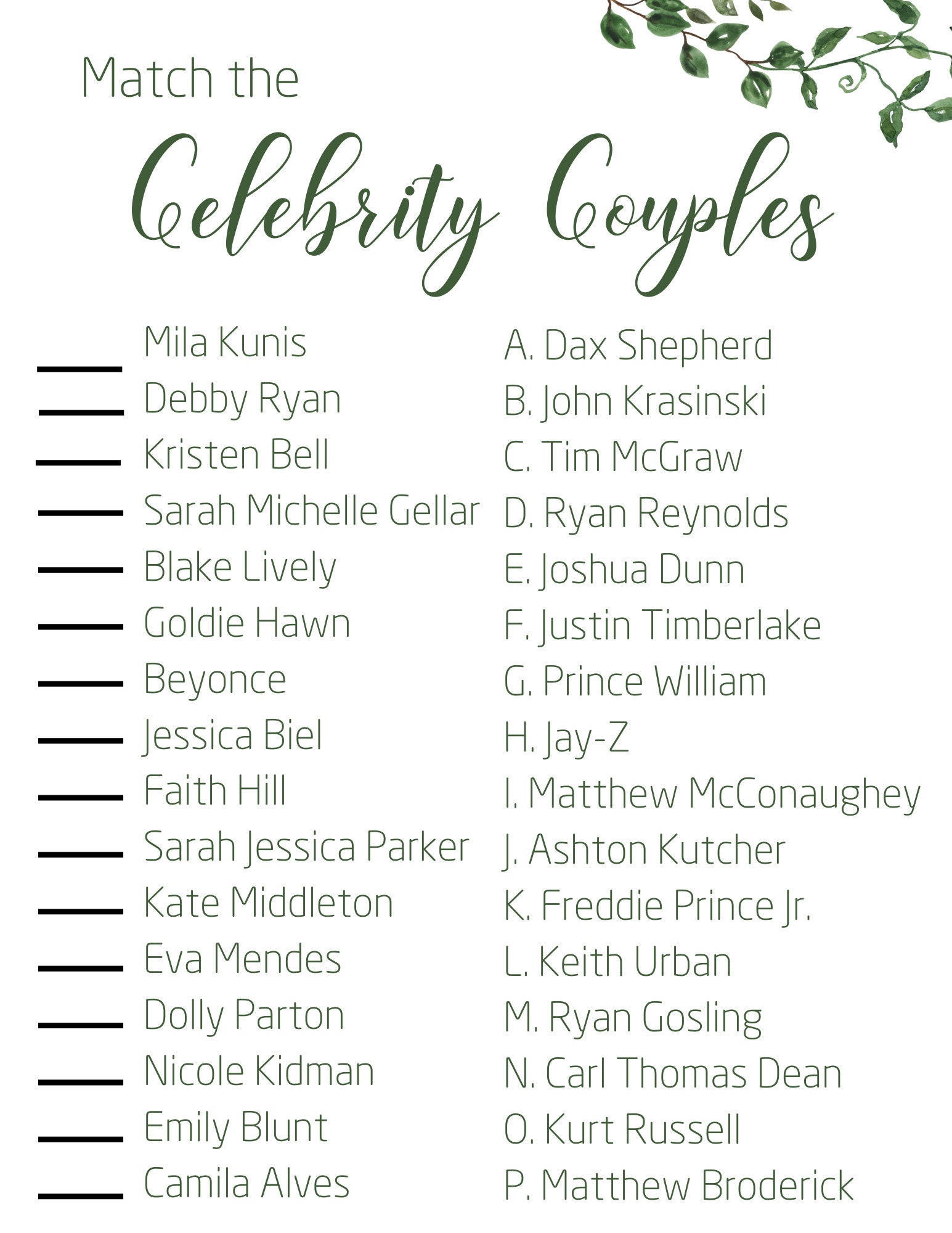 Celebrity Couple Game - Etsy