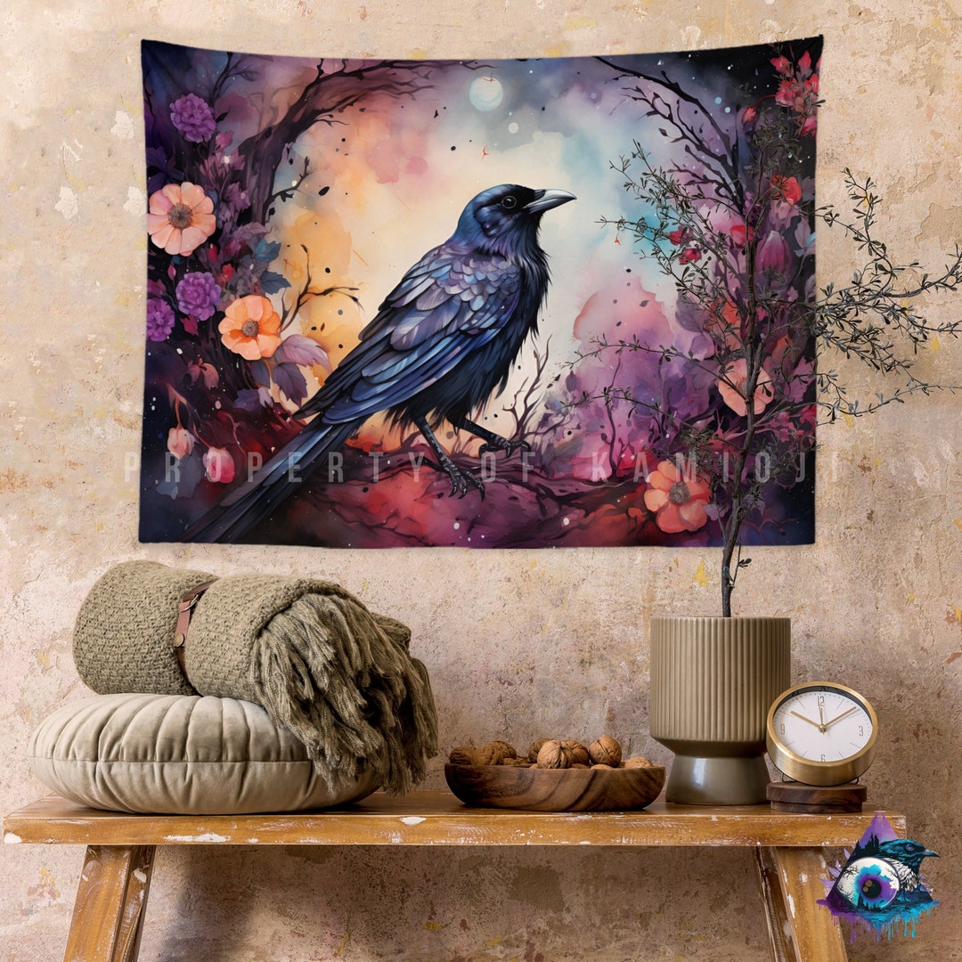 Botanical Crow Tapestry: Dark Cottagecore Gothic Wall Hanging - Etsy