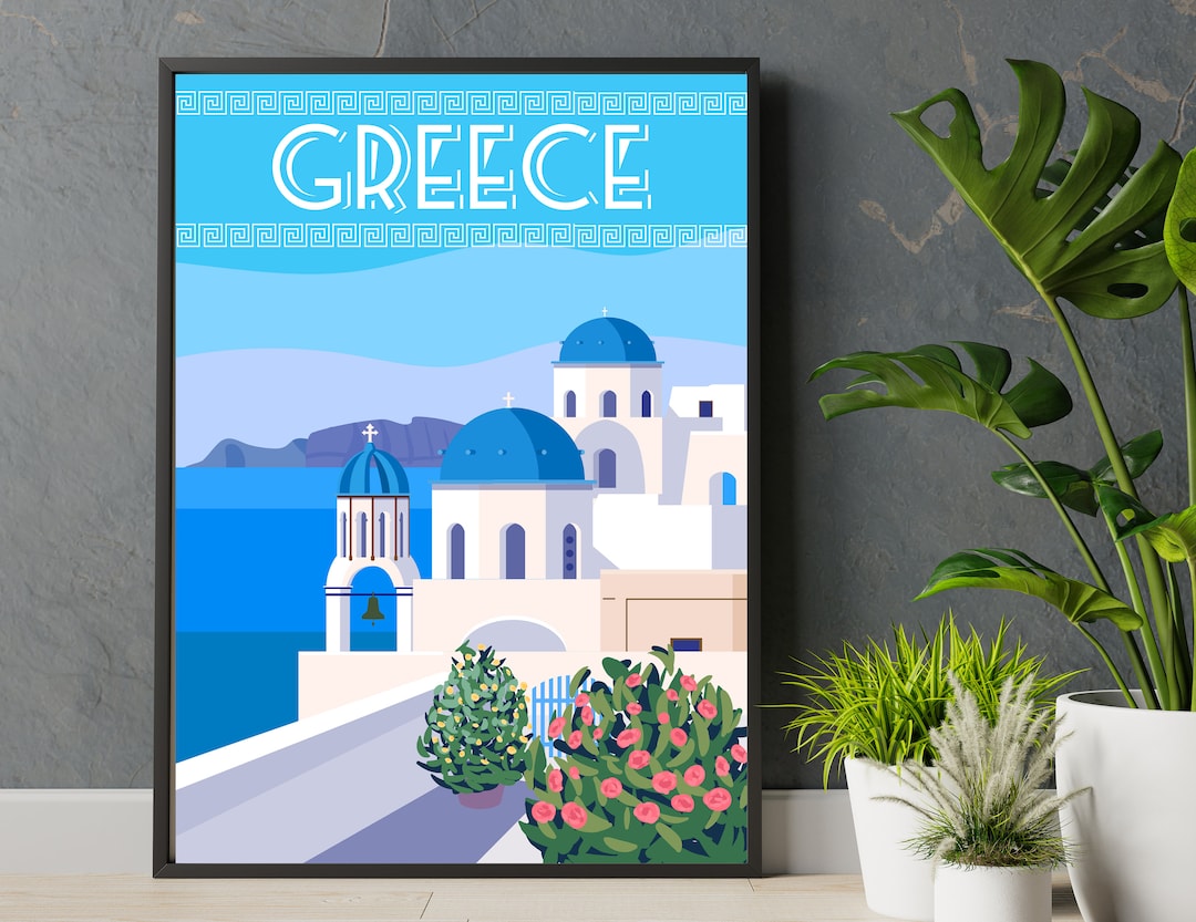 Greece Matte Travel Poster, Minimal Greece Art, Santorini Blue Roofs ...