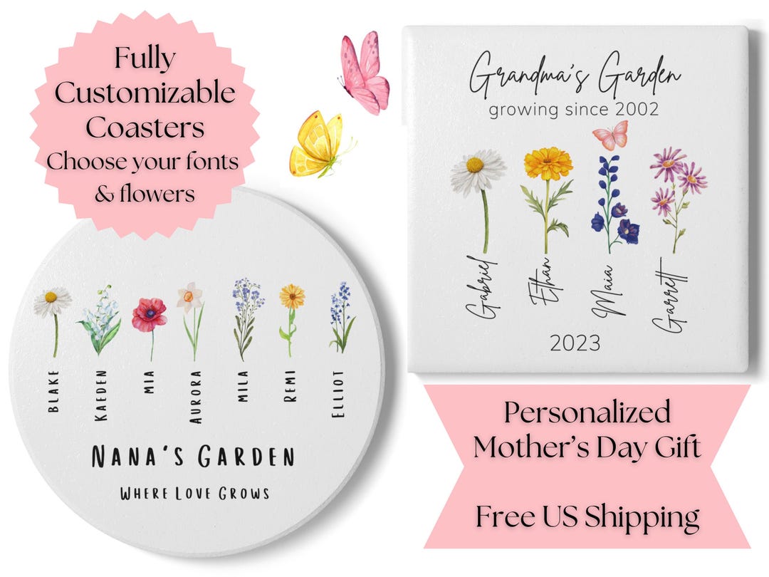 Custom Birth Flower Ceramic Coaster – Grandma’s Garden With Kids’ Names ...