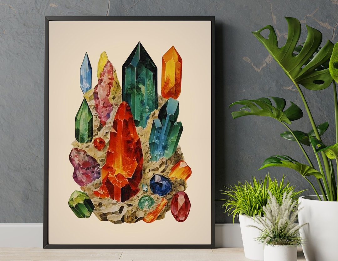Colorful Crystal Cluster Art Print, Vintage Gemstone Illustration ...