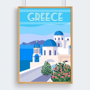 Greece Matte Travel Poster, Minimal Greece Art, Santorini Blue Roofs ...