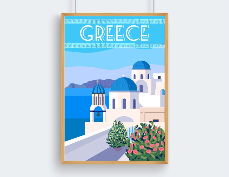 Greece Matte Travel Poster, Minimal Greece Art, Santorini Blue Roofs ...