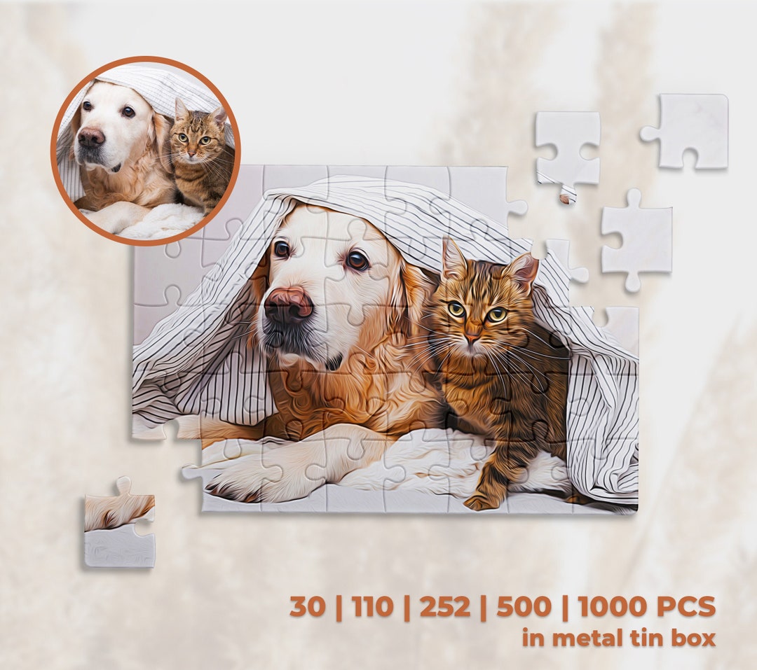 Personalized Jigsaw Puzzle With Pet Portrait and Custom Name, Dog Cat ...