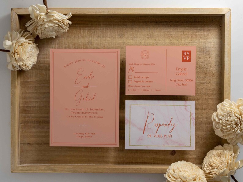 Elegant Peach Wedding Invitation With Vellum Jacket Template, Envelope ...