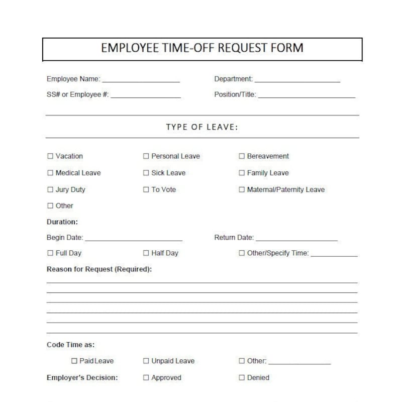 Employee Time off Request Form - Etsy