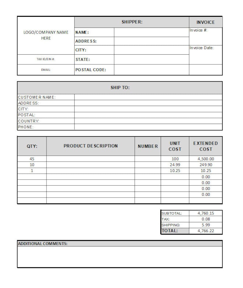 Invoice Template Business Tools Excel Editable Formulas Printable - Etsy