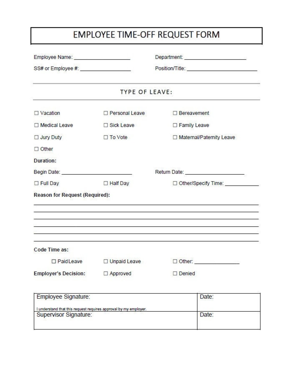 Employee Time off Request Form | Business Tools | Printable | Editable ...