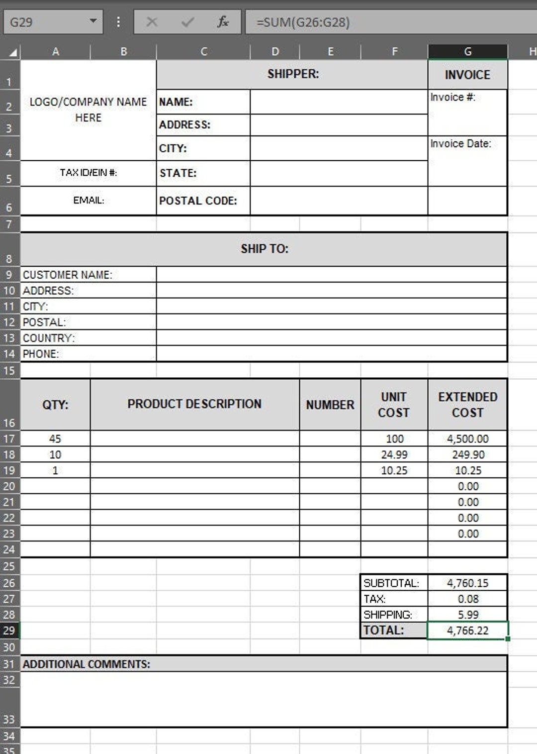 Invoice Template | Business Tools | Excel | Editable | Formulas ...
