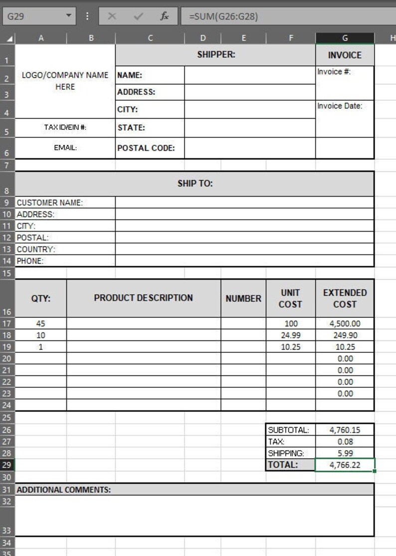 Invoice Template | Business Tools | Excel | Editable | Formulas ...