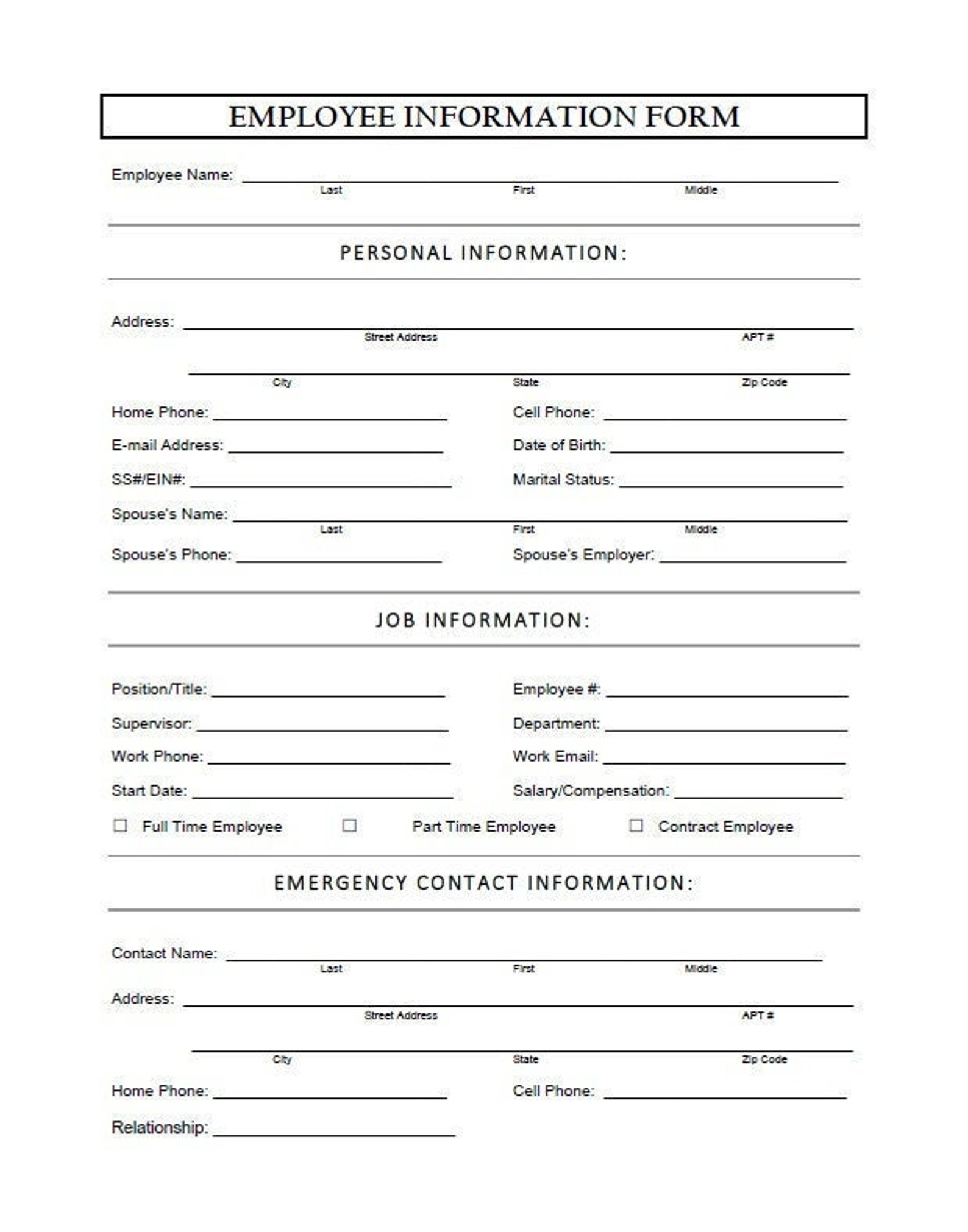 Employee Information Form | Business Tool | Printable Download Pdf ...