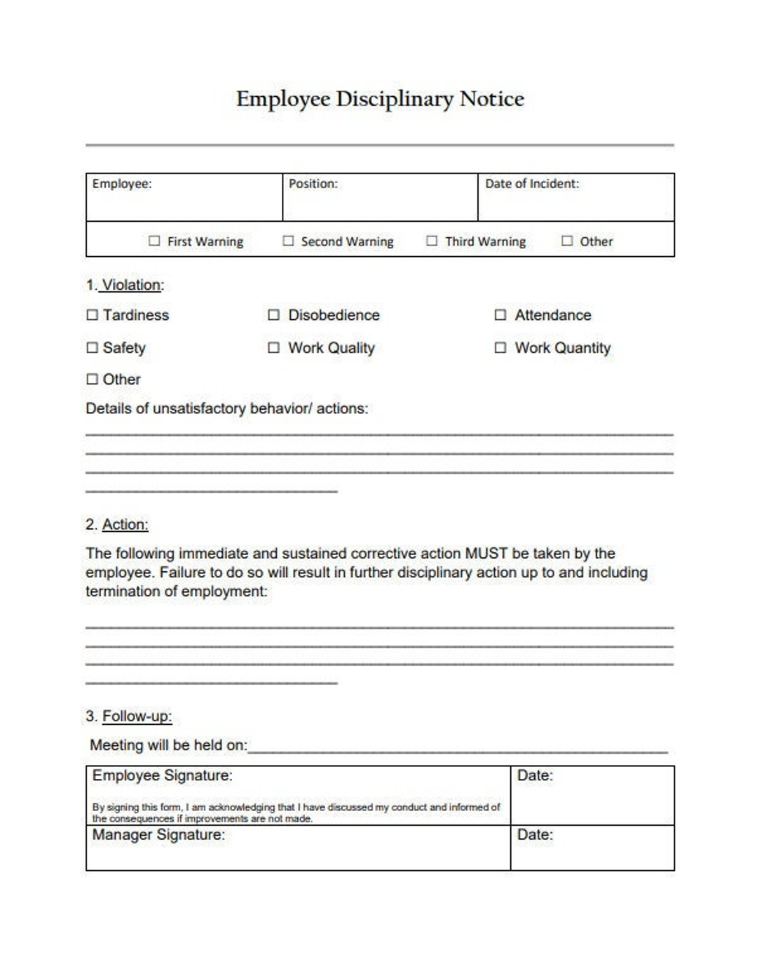 Employee Disciplinary Notice Employee Write Up Employee Warning Notice 