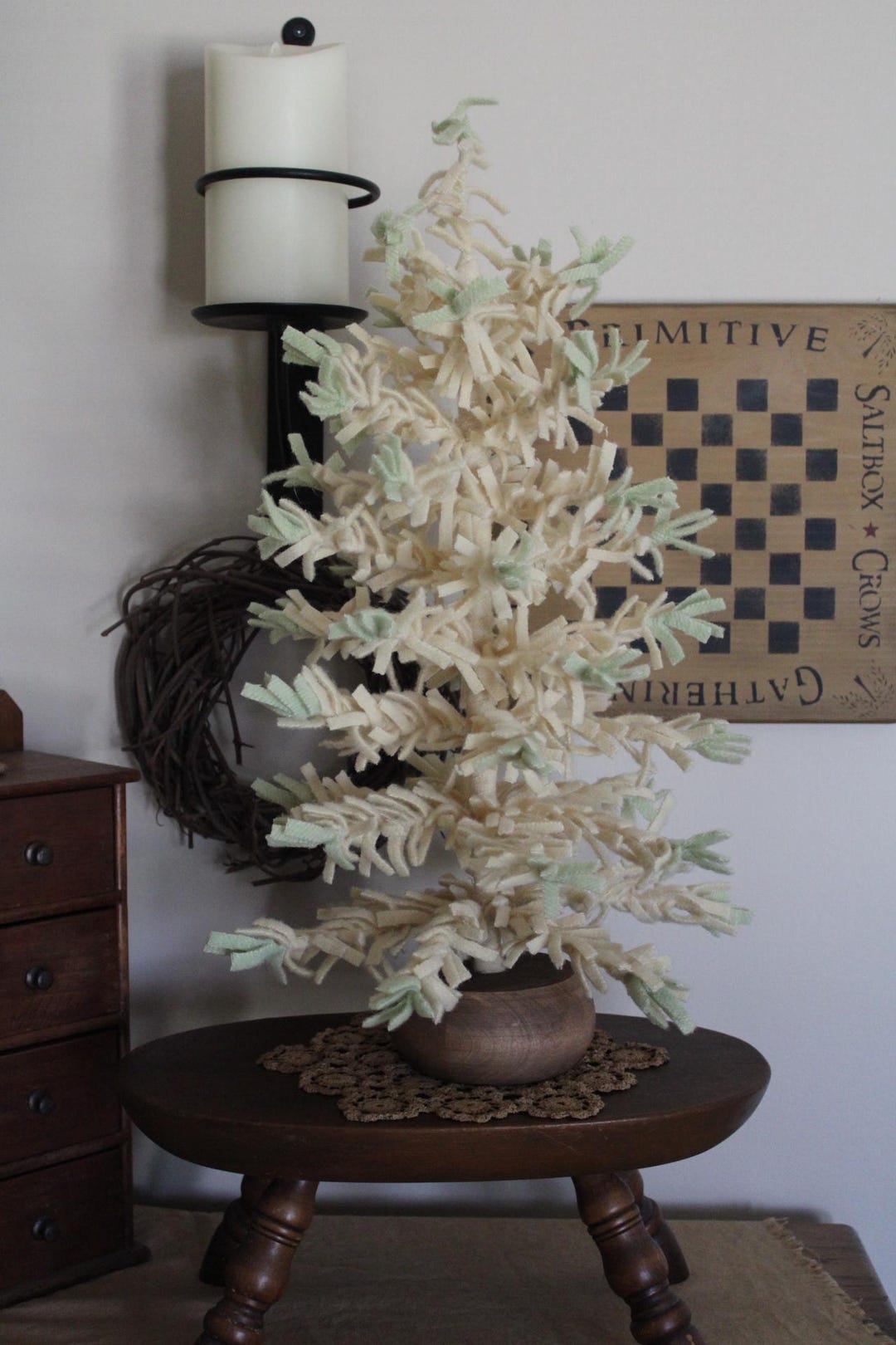 Wool Feather Tree/ Upcycled Wool Blanket/ Cream With Green Tips/ Turned ...