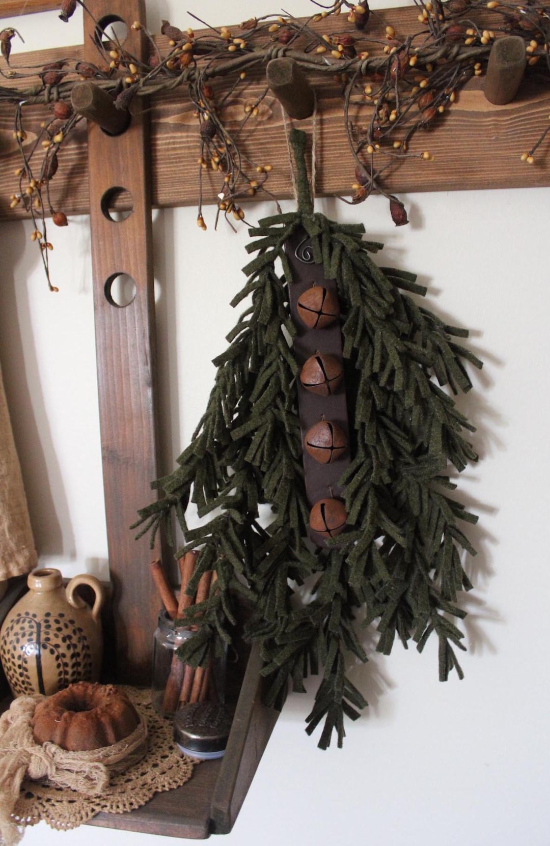 Wool Feather Swag With Rusty Bells/ Indoors Only/ Handmade by S. Veal ...