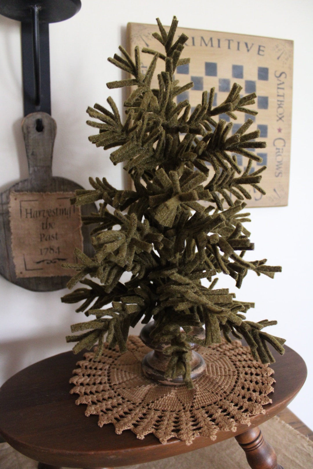 Wool Feather Tree/ Turned Wood Base/ Upcycled Army Blanket/ Handmade by ...