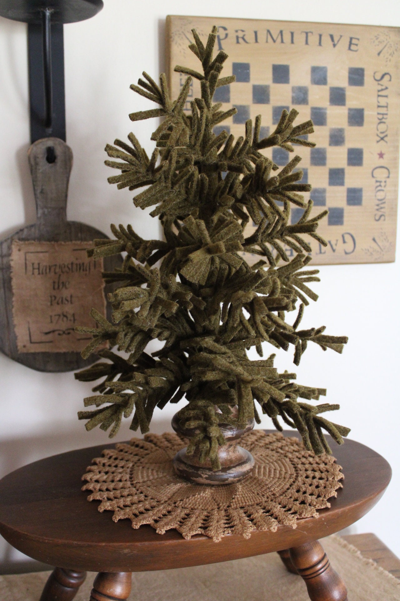 Wool Feather Tree/ Turned Wood Base/ Upcycled Army Blanket/ Handmade by ...