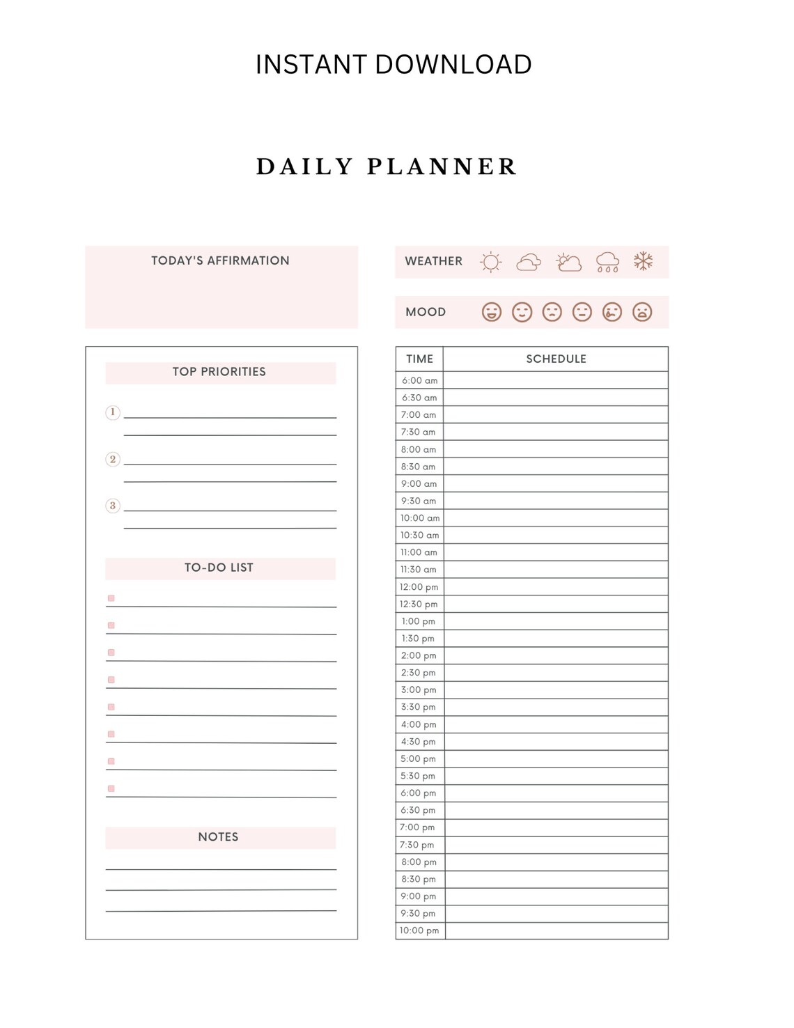 Minimalist Daily Planner Printable, Hourly Planner, Digital Planner - Etsy