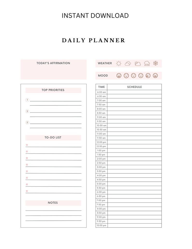 Minimalist Daily Planner Printable, Hourly Planner, Digital Planner - Etsy