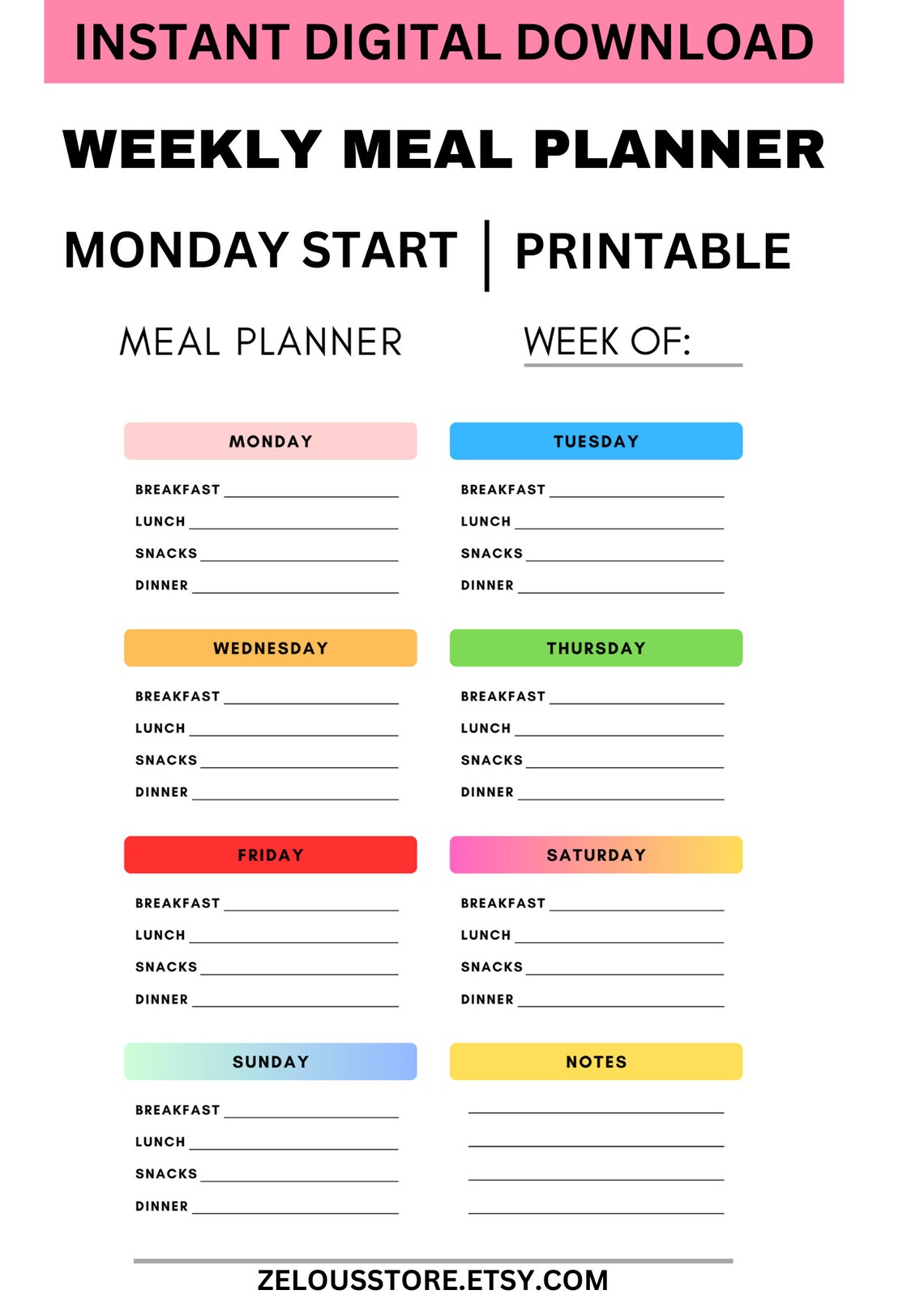 Colorful Meal Planner Printable, Weekly Food Diary, Food Journal, Meal ...