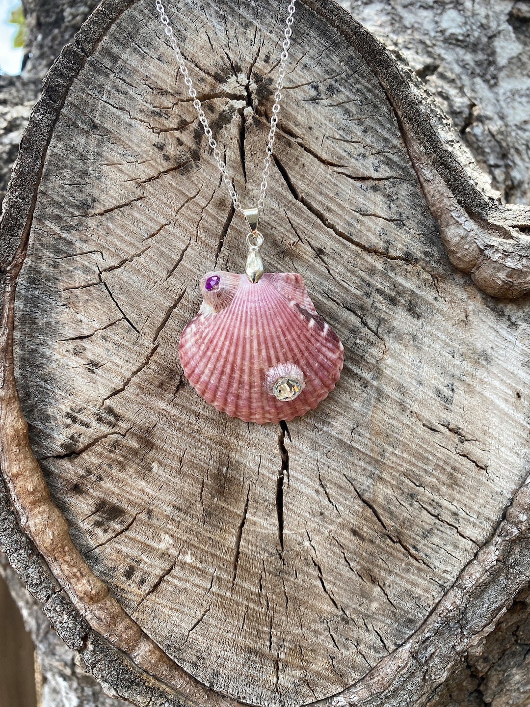 Handcrafted Scallop Shell Necklace: Silver Barnacle Rhinestone Pendant ...