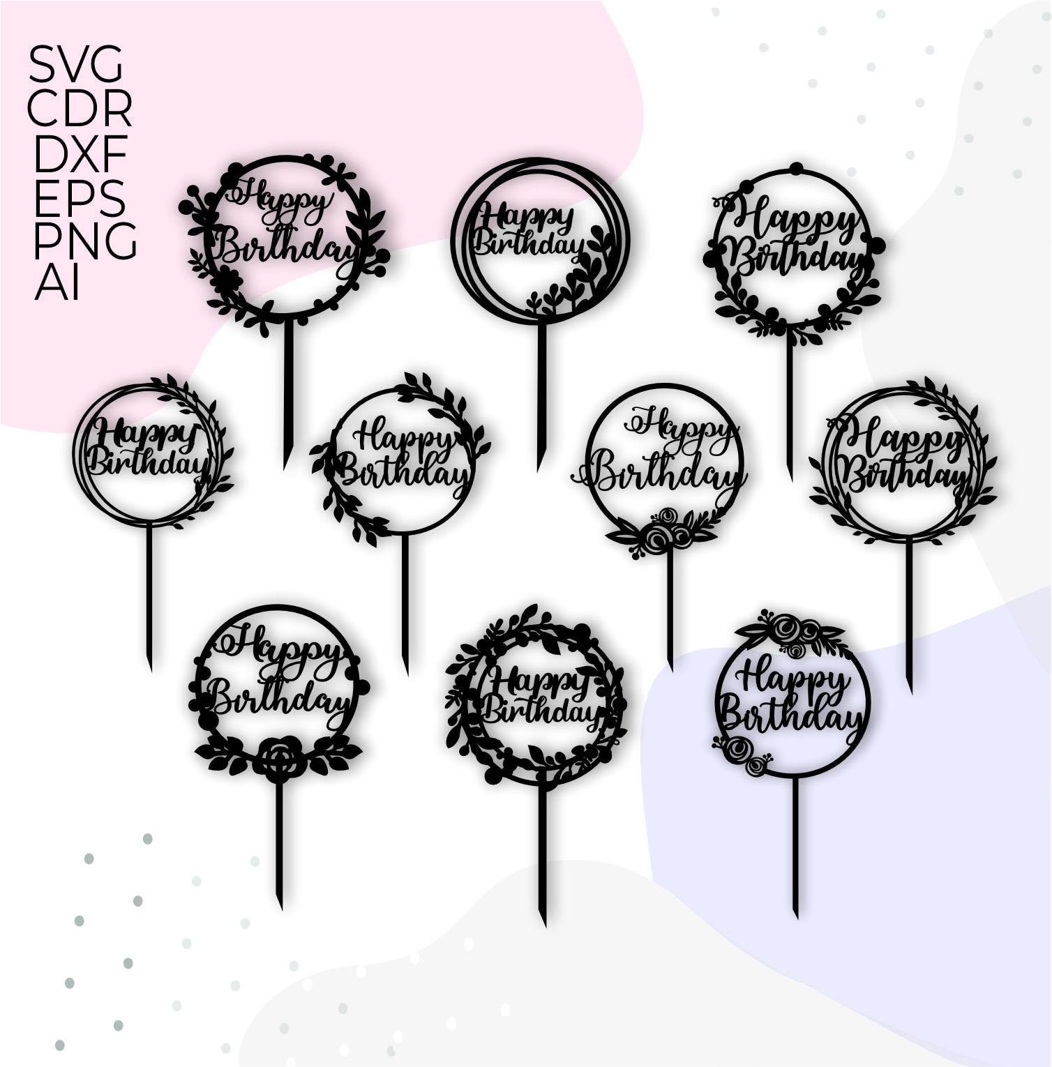 Happy Birthday Svg Bundle Cake Topper Svg Circle Leaf Frame - Etsy